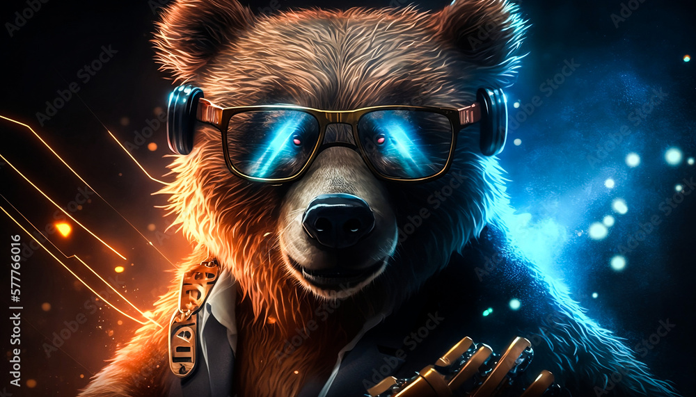 Cool Grizzly Bear with glasses and cyborg hand . Fire and Ice , Red ...
