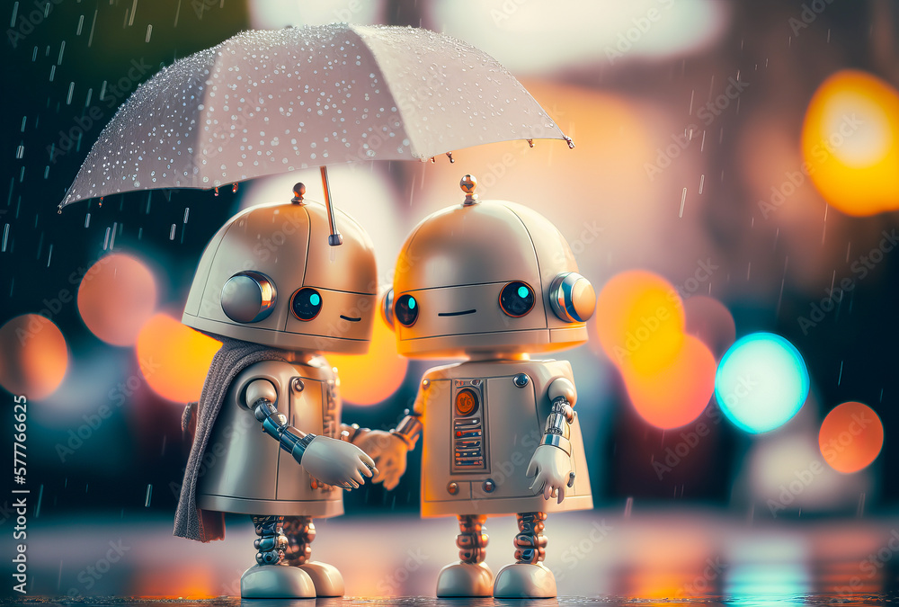Couple of robots sharing an umbrella in a lit street. Symbol of love ...