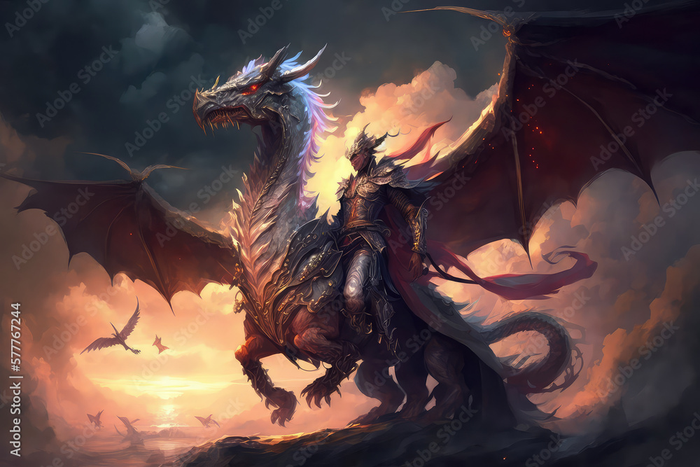 Ilustrace „illustration painting of the black knight riding the dragon ...