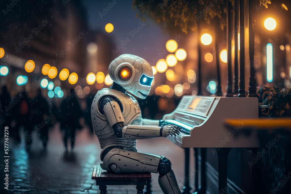 Robot pianist playing music in an illuminated urban city at night ...