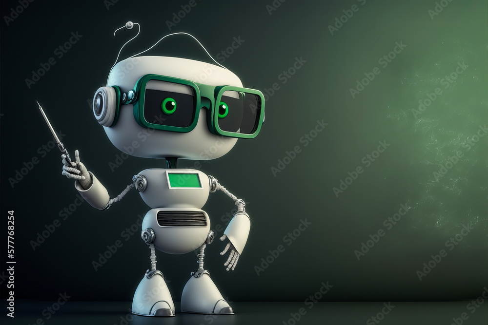 Robot professor presents educational material in front of a green ...