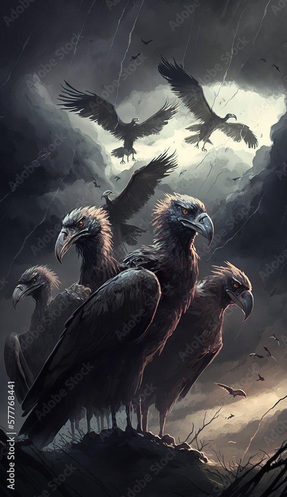 Vultures dying to eat a group of vultures circling prey. 3D realistic ...