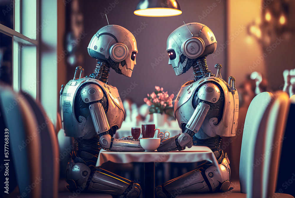 Two humanoid robots meet in a café, flirting and courting in a tender and romantic way. Imbued ...