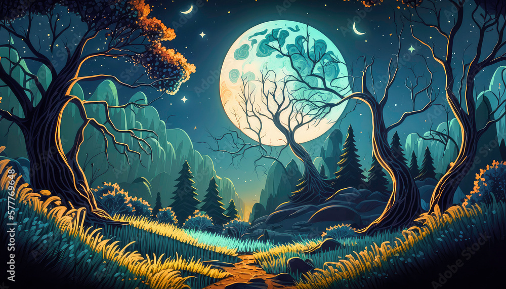 Fantasy Cartoon Forest Landscape Background With Night Sky and Stars ...