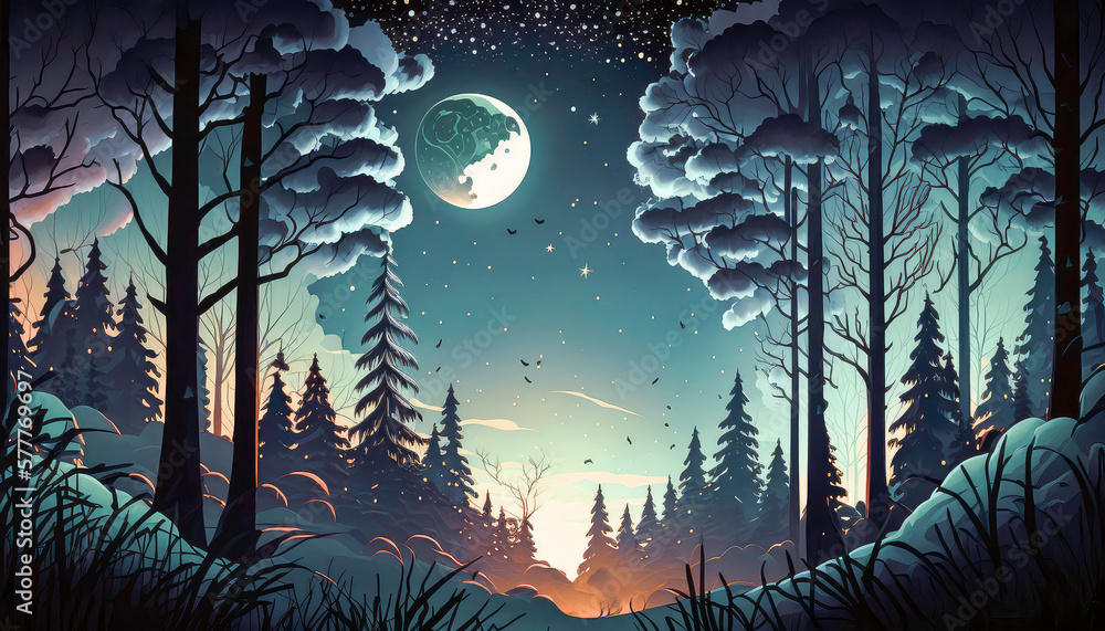 Fantasy Cartoon Forest Landscape Background With Night Sky and Stars ...