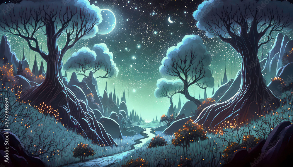 Fantasy Cartoon Forest Landscape Background With Night Sky and Stars ...