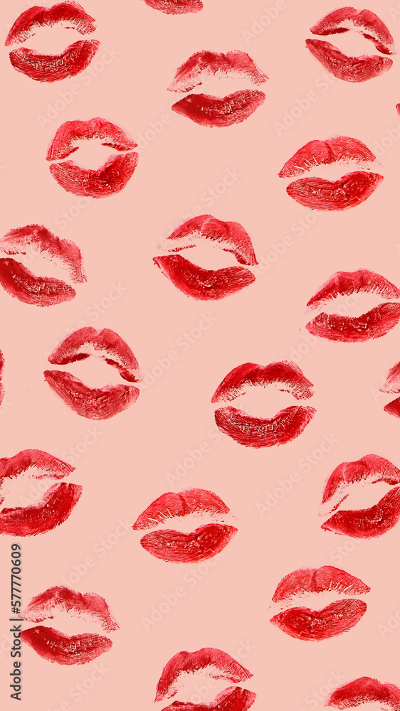 Labios y besos rojos en fondo rosa. Stock Photo | Adobe Stock