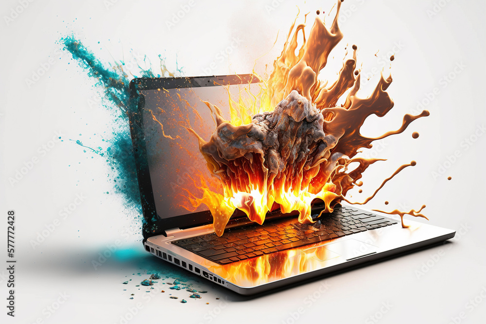 Burning laptop on white background. Generative AI Stock Illustration ...