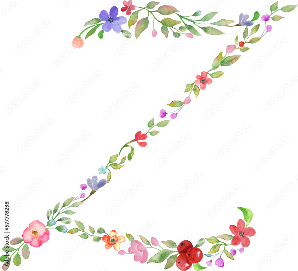 Monogram letter Z made of watercolor flowers, leaves, branches, berries ...