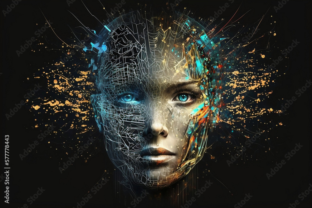 Digital concept art of human echo face created by wires, butterflies ...