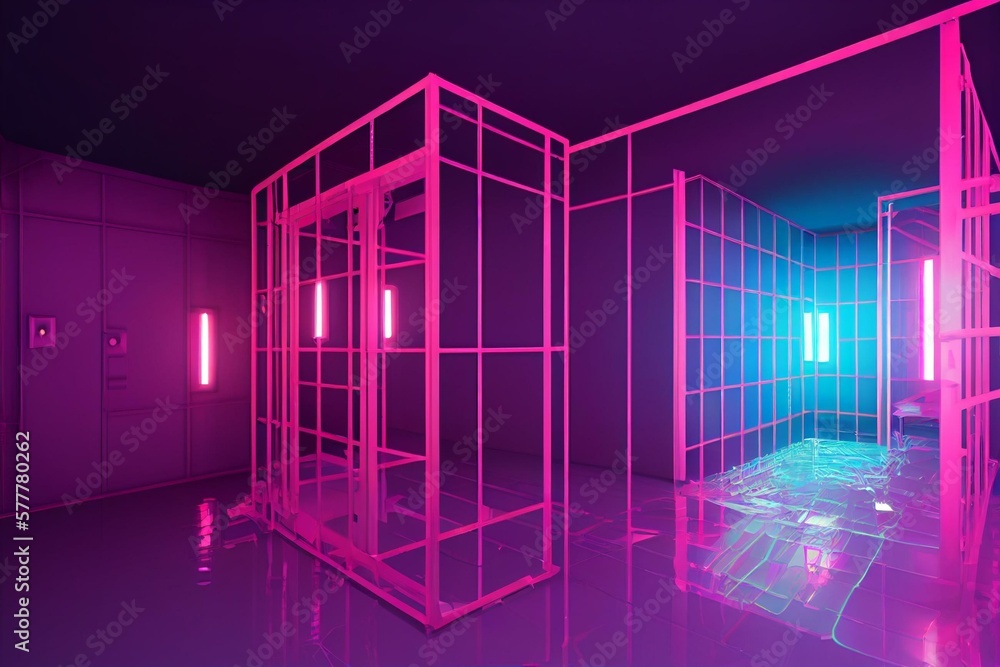 futuristic prison cell with metal bars and intense purple neon lights ...