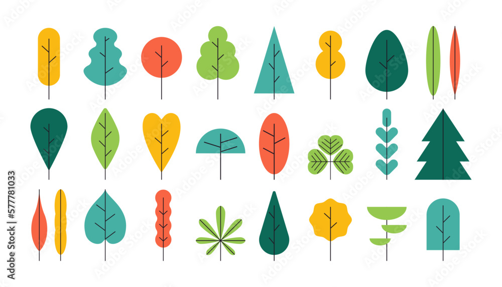 Simple trees. Cartoon forest plants with foliage, minimal bush shrub ...