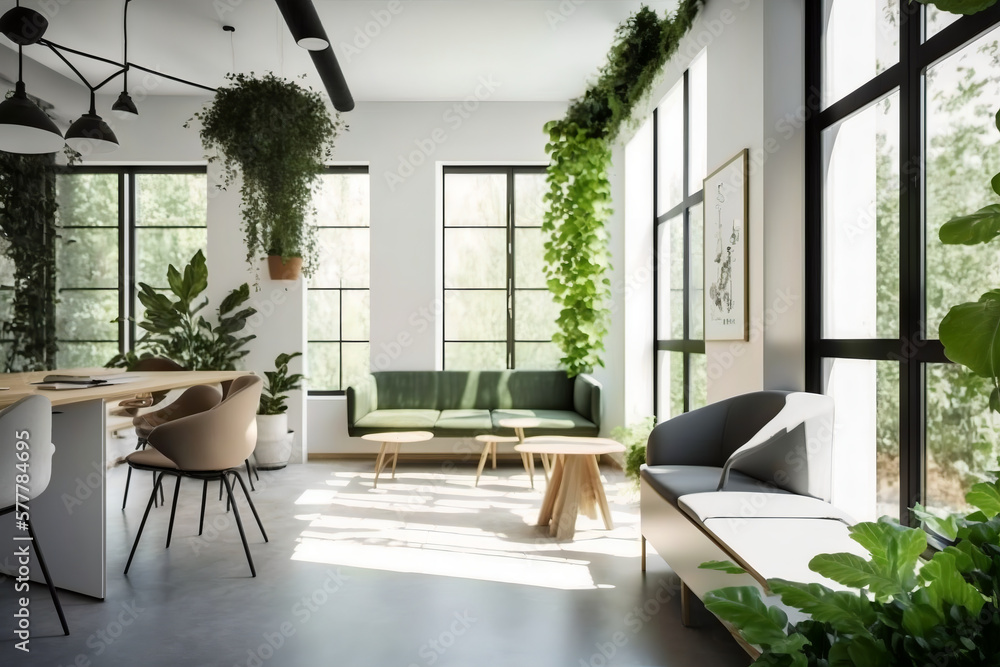 A modern and sustainable open plan office with lush plants and natural lighting. Shades of green ...