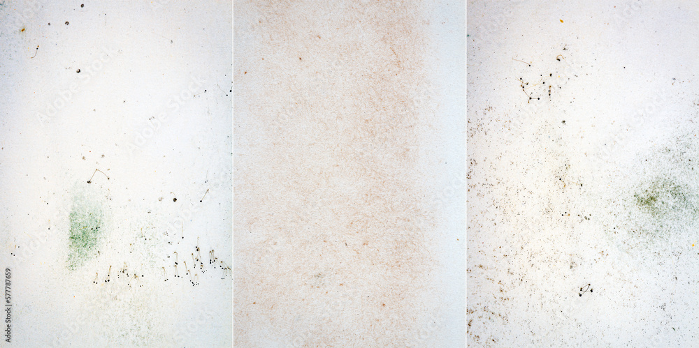 Collection of images with old moldy paper with dirty stains and spots ...