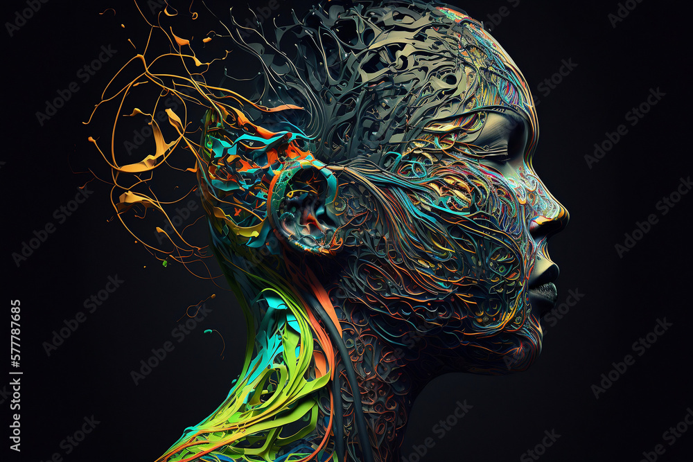 Digital concept art of human echo face created by wires, butterflies ...