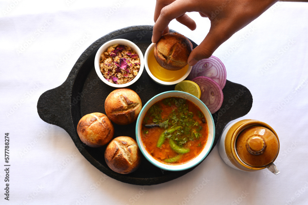 dal baati churma, a traditional Rajasthani cuisine Stock Photo | Adobe ...