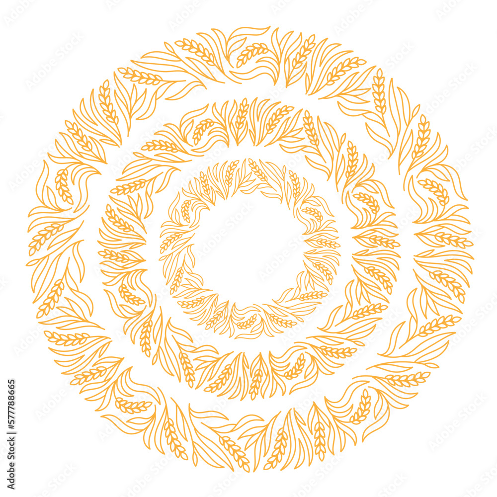 Wheat floral ornament circle frame for bakery. Spikelets and ears of ...