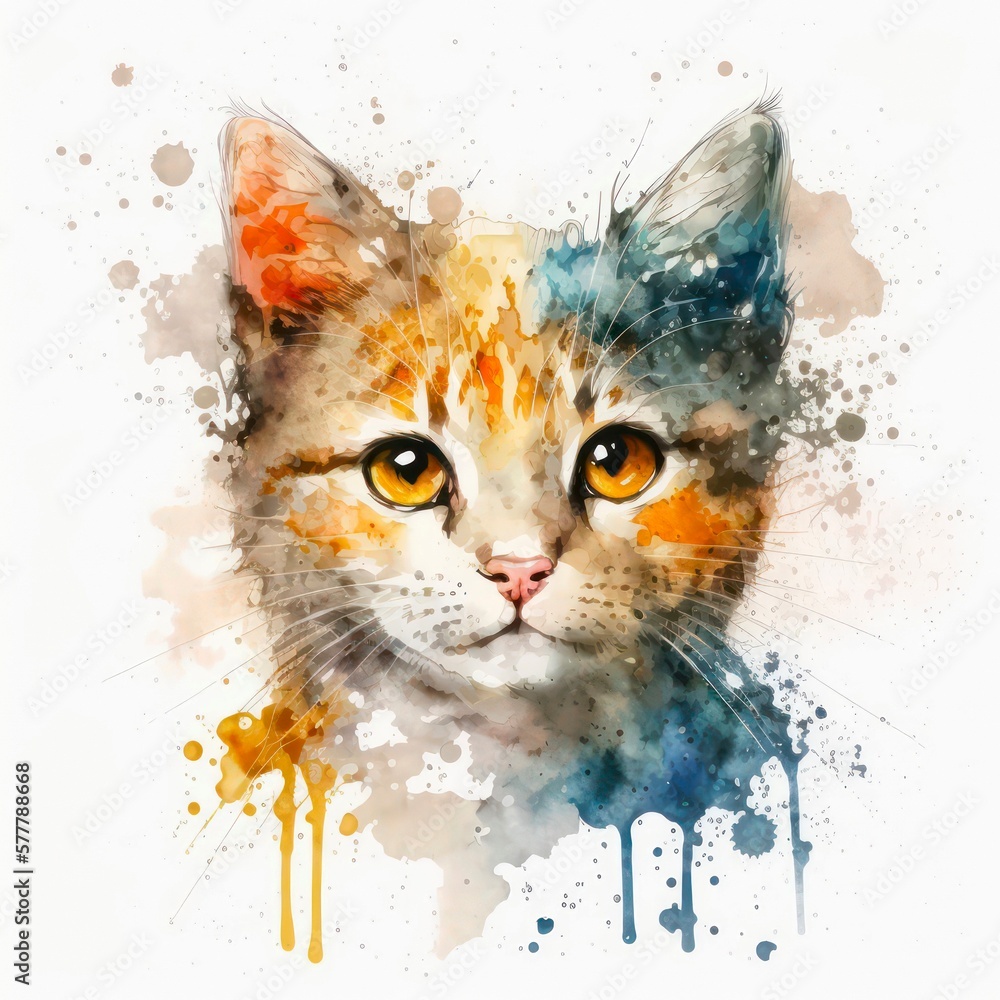 Watercolor illustration of a cute little kitten on white background ...