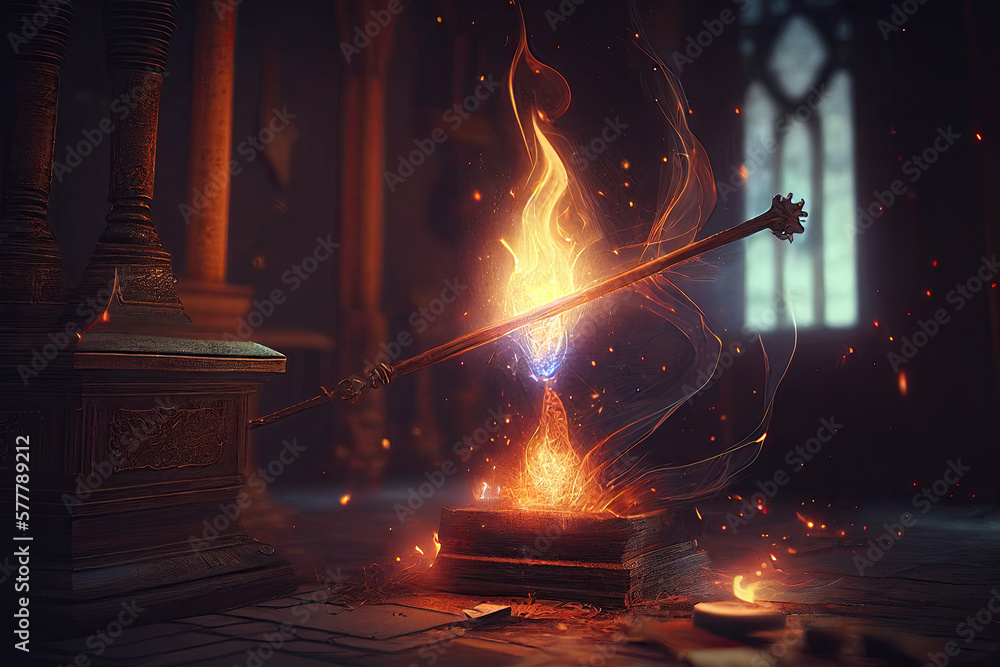 Magic wand in process of casting spell. Magic trace on an abstract dark ...