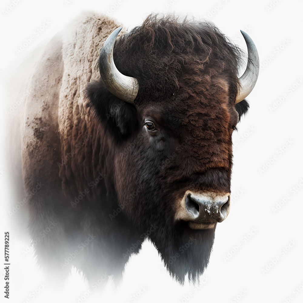 American bison head closeup portrait isolated on white, beautiful ...