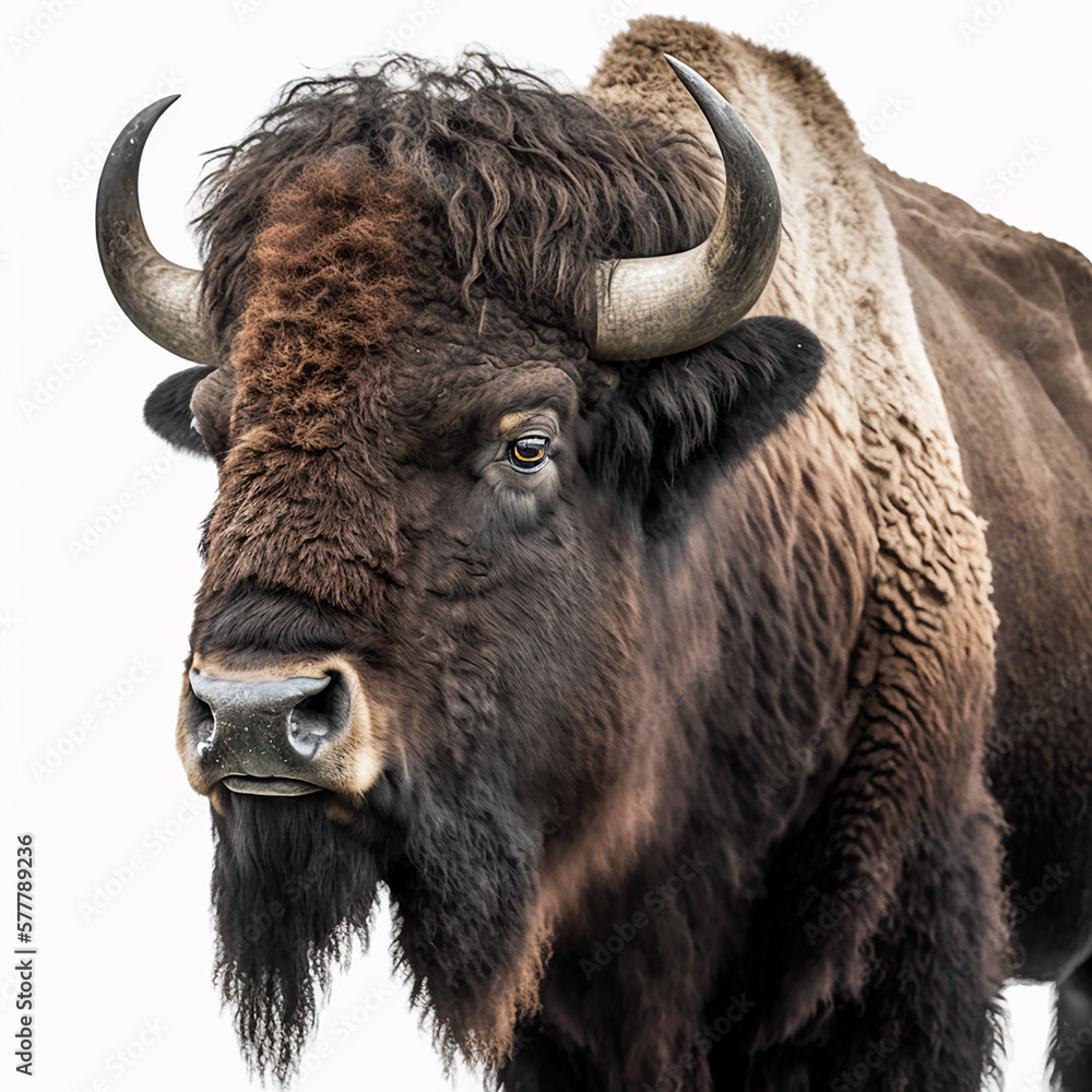 American bison head closeup portrait isolated on white, beautiful ...