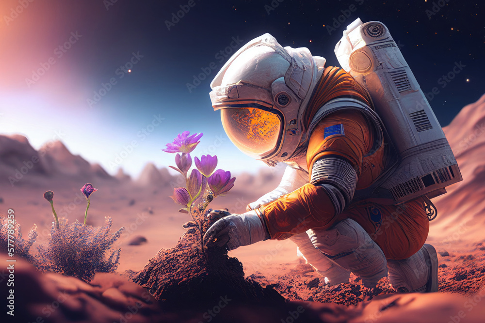 Alone astronaut in space suit seedling plant on surface of red planet ...