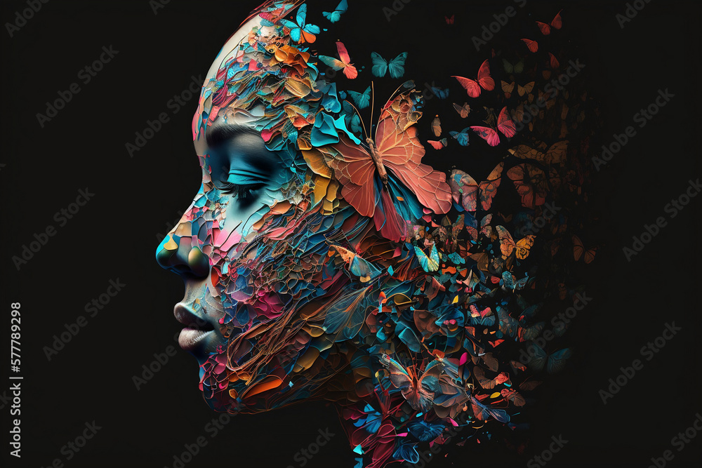 Digital concept art of human echo face created by wires, butterflies ...