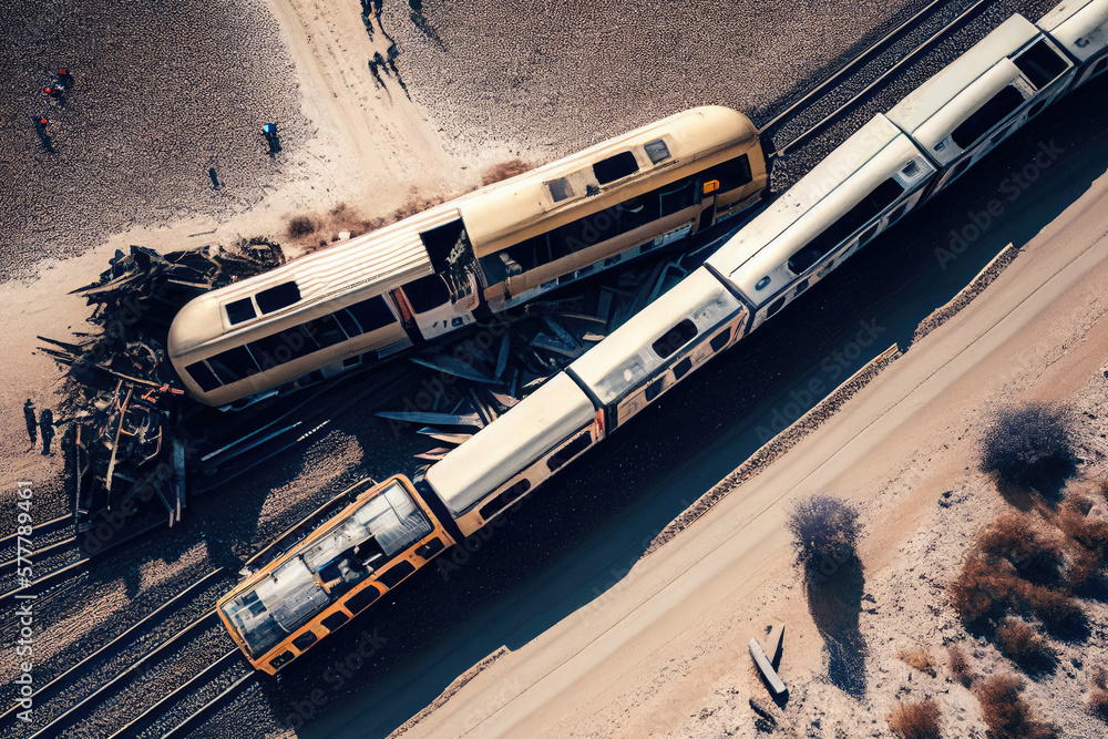 Passenger train crash accident, aerial view. Broken wagons and damaged ...
