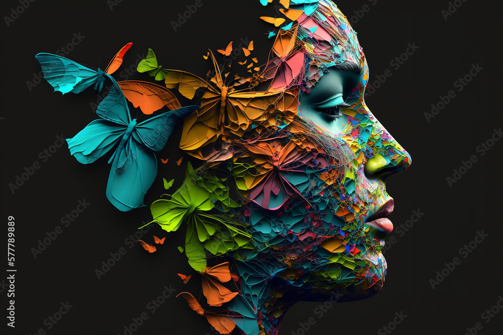 Digital concept art of human echo face created by wires, butterflies ...