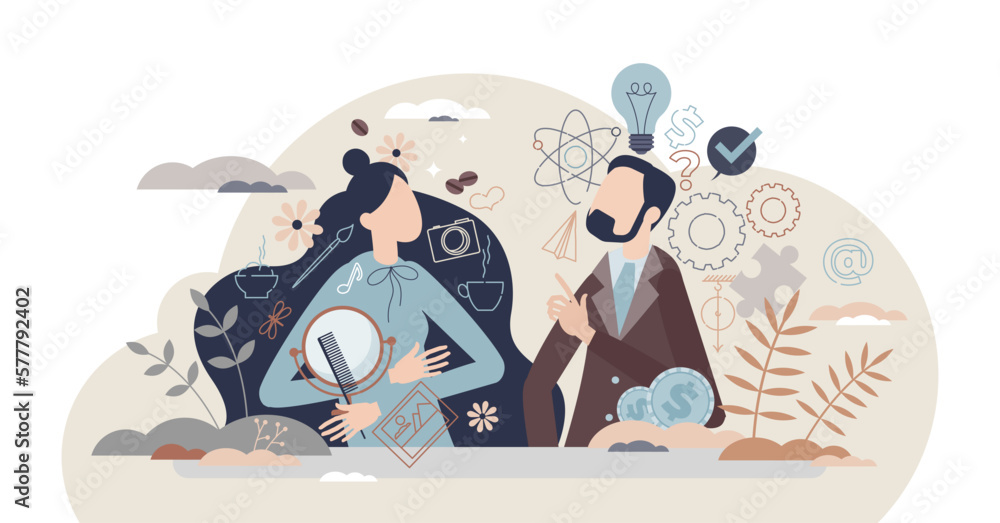 Stereotyping gender interests, skills and qualities tiny person concept ...