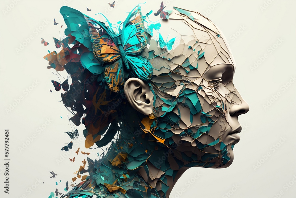 Digital concept art of human echo face created by wires, butterflies ...