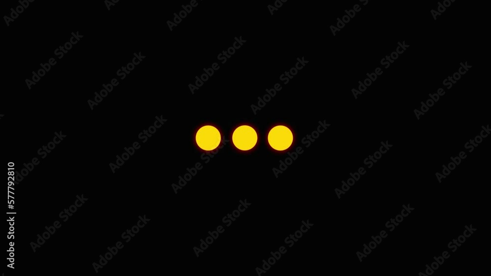 three yellow dots loading bar animation on black screen. Horizontal dot ...