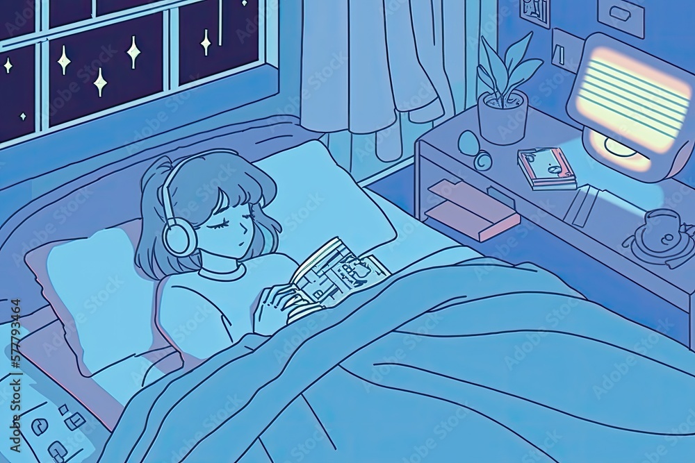 Lofi anime manga background of teenager listening to music in bed ...