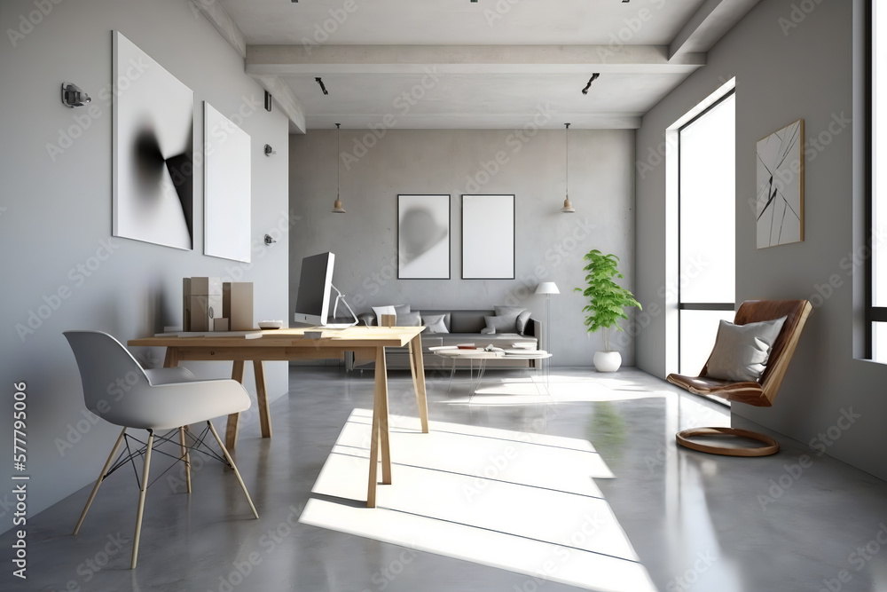 serene and uncluttered workspace with clean lines, muted tones, and a ...