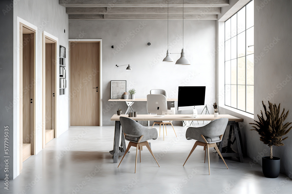 serene and uncluttered workspace with clean lines, muted tones, and a ...