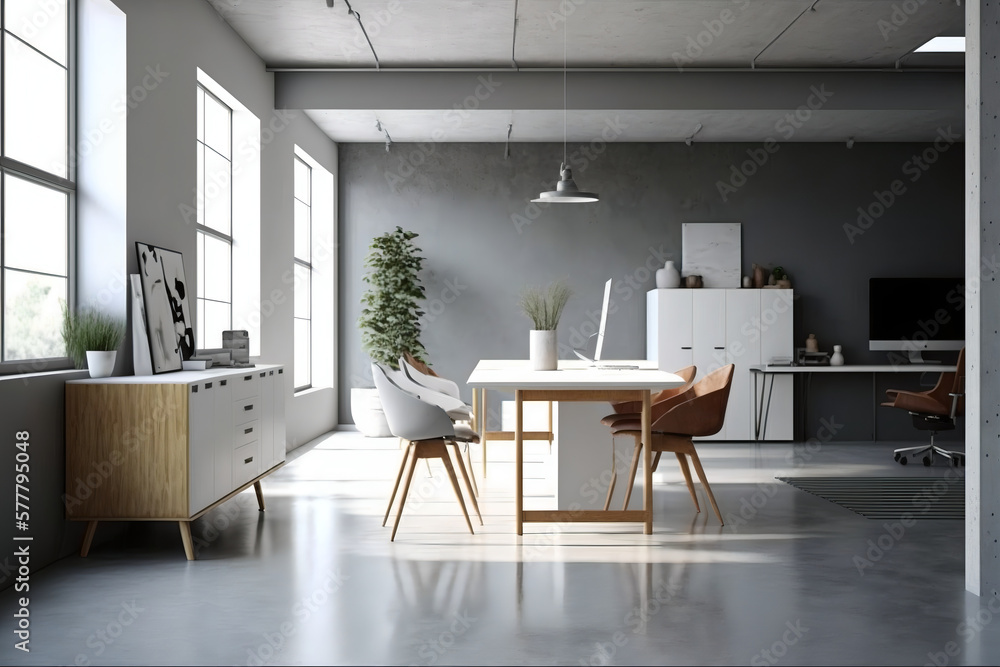 serene and uncluttered workspace with clean lines, muted tones, and a ...