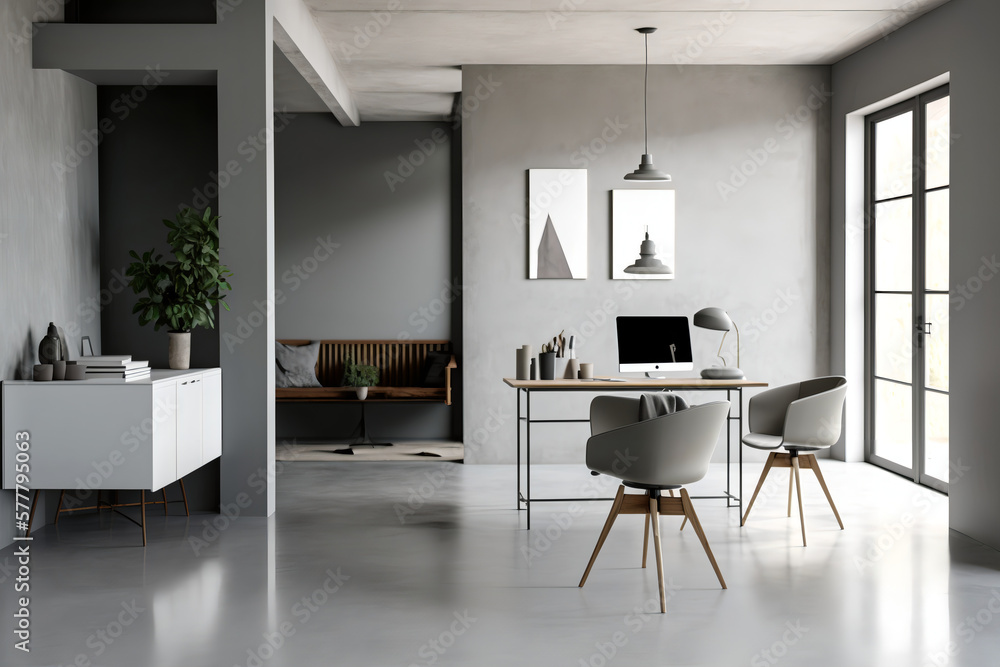 serene and uncluttered workspace with clean lines, muted tones, and a ...