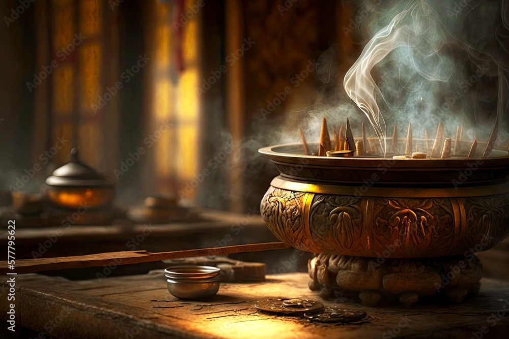 incense table with burning incense smoke in buddhist old temple ...