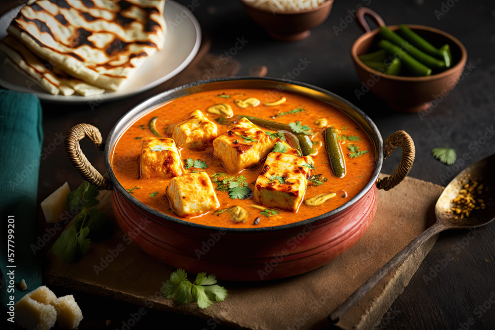 Traditional paneer tikka masala in a brass pot, Generative AI Stock ...