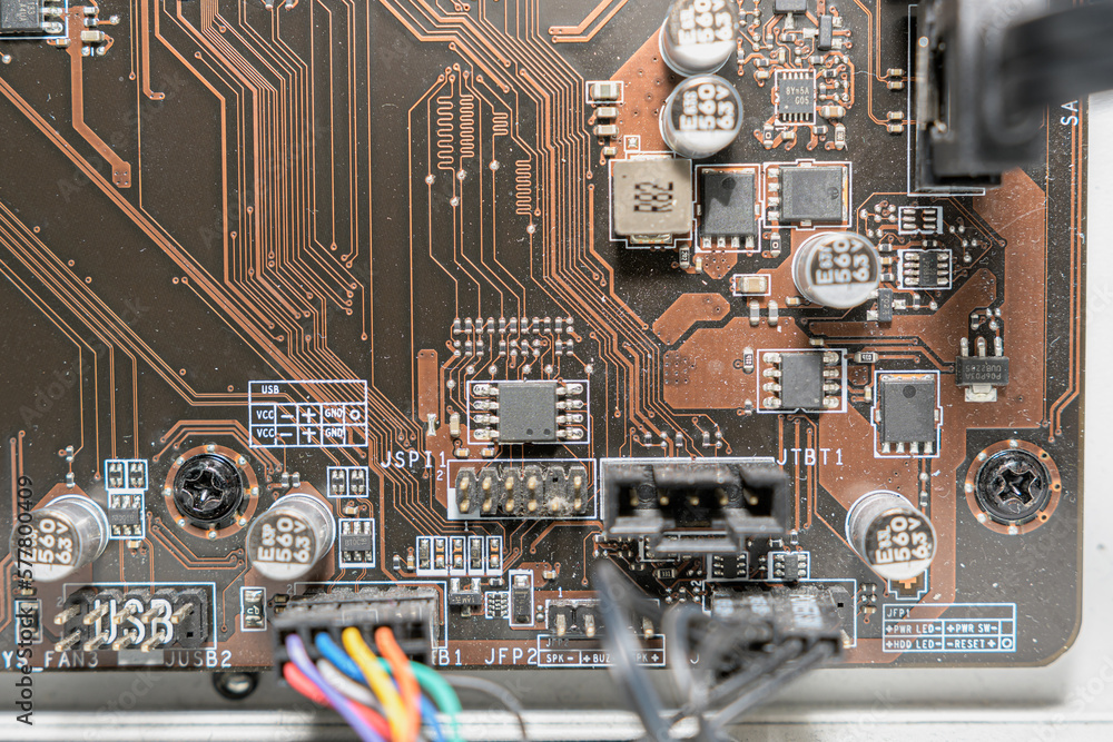 Fotka „Microcircuits, electronic tracks, capacitors and ...