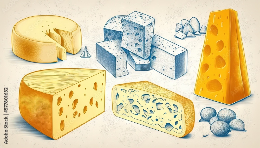 a bunch of cheeses that are sitting on a table together, including ...