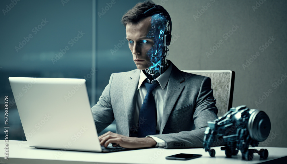 AI chatbot robot assistant sitting at desk using computer as artificial ...