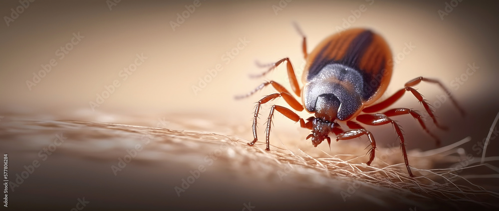 Infected tick on human skin. Ixodes lyme ricinus mite banner. Dangerous ...