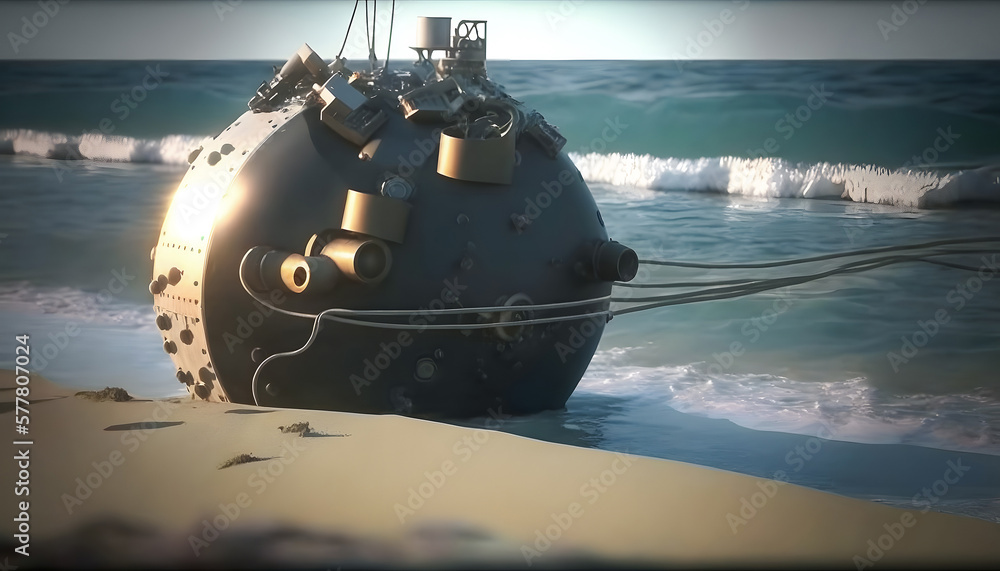 Marine mines for ship on beach of sea. Danger war bomb. Generation AI ...