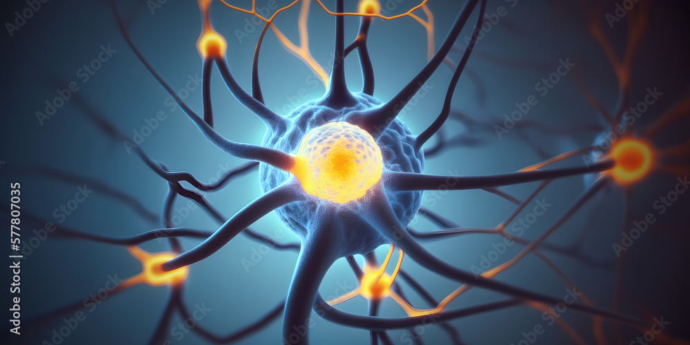 Nerve cell biology background, neuron of brain with synapses, red and ...