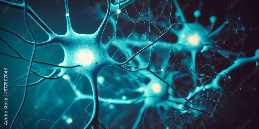 System neuron of brain with synapses, Nerve cell blue color banner ...