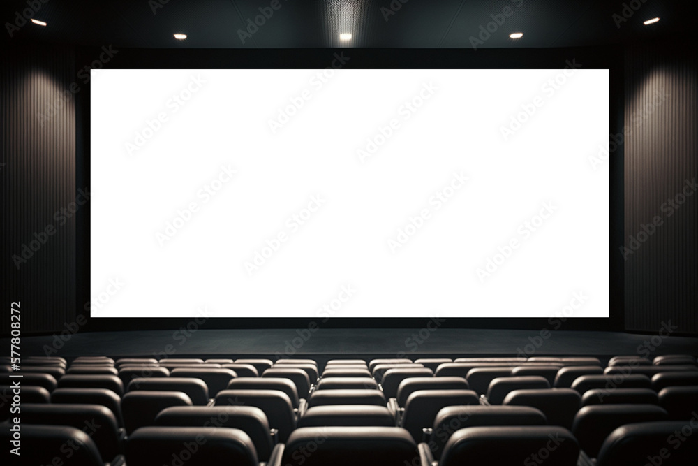 Naklejka Cinema with white blank screen. Cinema hall with auditorium ...