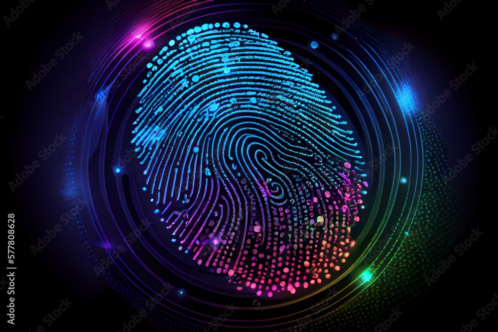 Neon-style fingerprint scanner, biometric data sensor, fingerprint icon ...