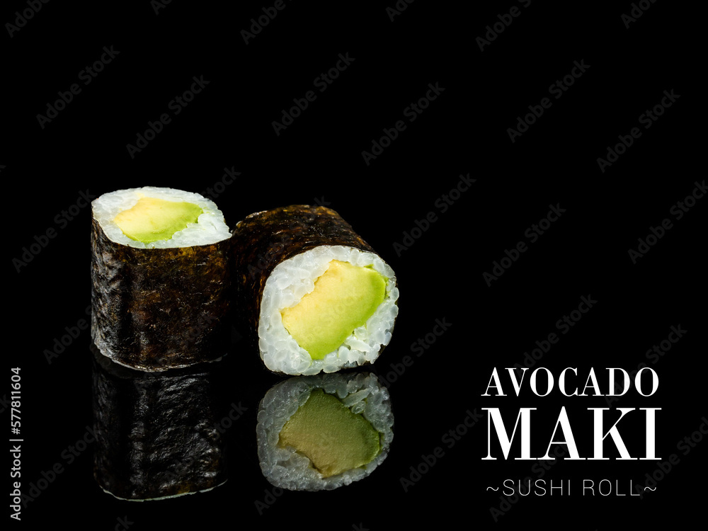 Side view of Maki sushi roll pieces with mirror reflection on black ...