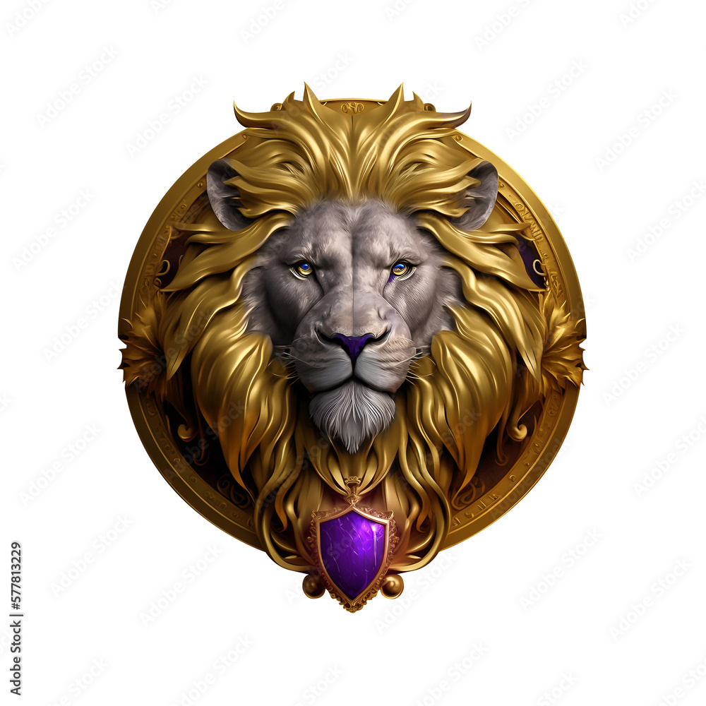 A Silver and gold metal Lion head metal emblem. 3D style Lion metal ...
